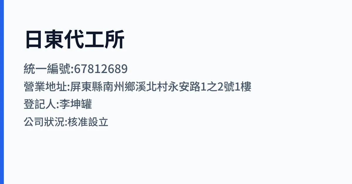 日東代工所 - 統編 67812689(屏東縣) 公司登記資料與營業項目詳細圖表