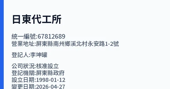 日東代工所的照片-統編 67812689(屏東縣) 公司登記資料與營業項目詳細圖表