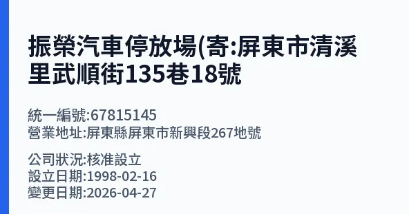 振榮汽車停放場(寄:屏東市清溪里武順街135巷18號的照片-統編 67815145(屏東縣) 公司登記資料與營業項目詳細圖表