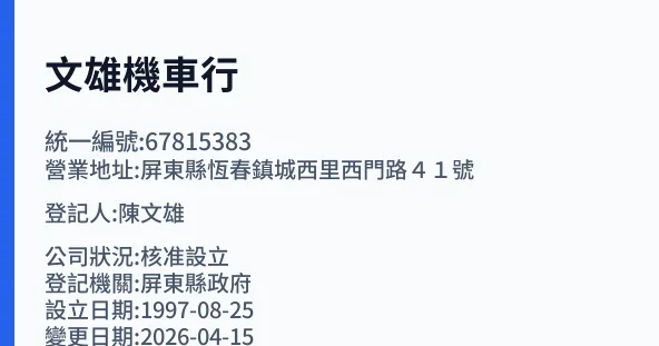 文雄機車行的照片-統編 67815383(屏東縣) 公司登記資料與營業項目詳細圖表