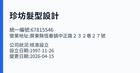 珍坊髮型設計的照片-統編 67815546(屏東縣) 公司登記資料與營業項目詳細圖表