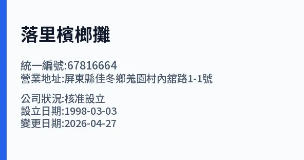 落里檳榔攤的照片-統編 67816664(屏東縣) 公司登記資料與營業項目詳細圖表