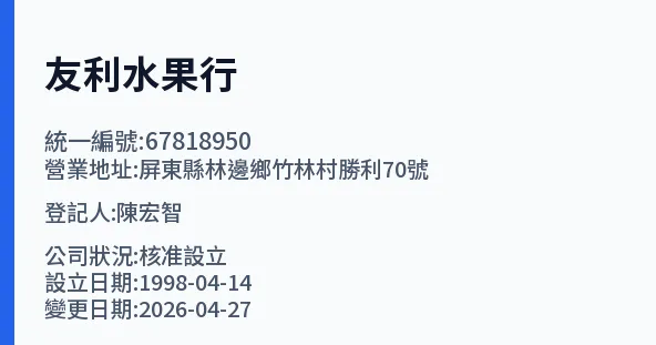 友利水果行的照片-統編 67818950(屏東縣) 公司登記資料與營業項目詳細圖表