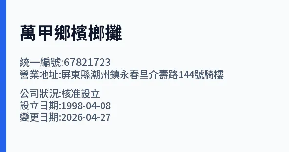 萬甲鄉檳榔攤的照片-統編 67821723(屏東縣) 公司登記資料與營業項目詳細圖表