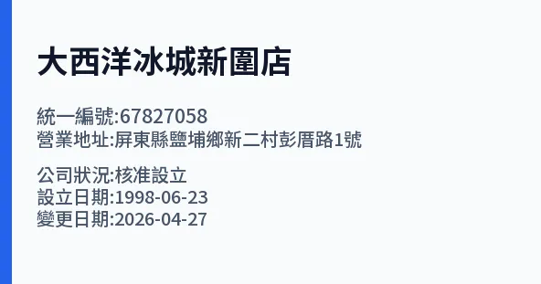大西洋冰城新圍店的照片-統編 67827058(屏東縣) 公司登記資料與營業項目詳細圖表