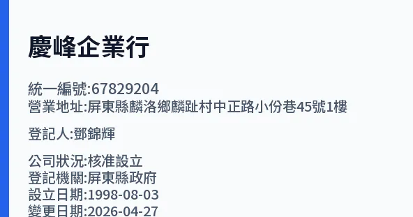 慶峰企業行的照片-統編 67829204(屏東縣) 公司登記資料與營業項目詳細圖表