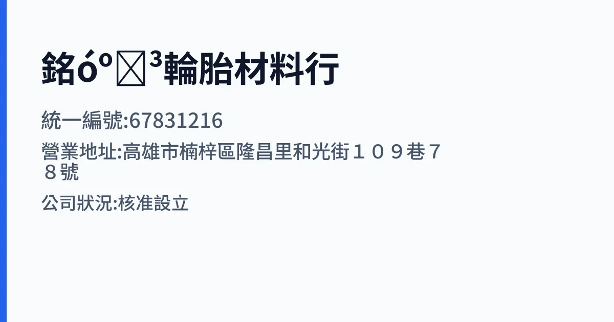 銘輪胎材料行 - 統編 67831216(高雄市) 公司登記資料與營業項目詳細圖表