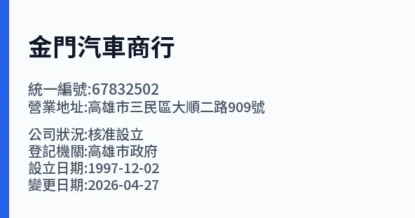 金門汽車商行的照片-統編 67832502(高雄市) 公司登記資料與營業項目詳細圖表
