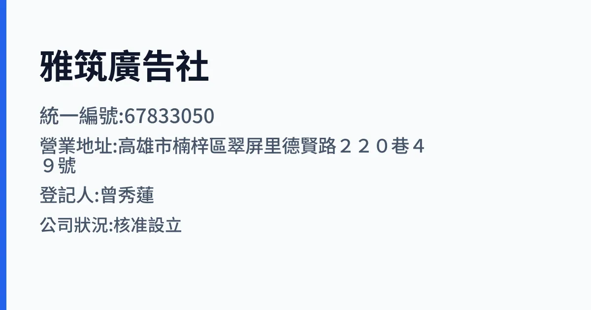 雅筑廣告社 - 統編 67833050(高雄市) 公司登記資料與營業項目詳細圖表