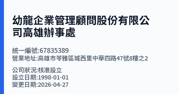 幼龍企業管理顧問股份有限公司高雄辦事處的照片-統編 67835389(高雄市) 公司登記資料與營業項目詳細圖表