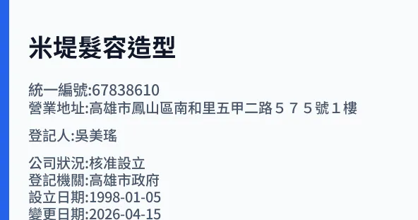 米堤髮容造型的照片-統編 67838610(高雄市) 公司登記資料與營業項目詳細圖表
