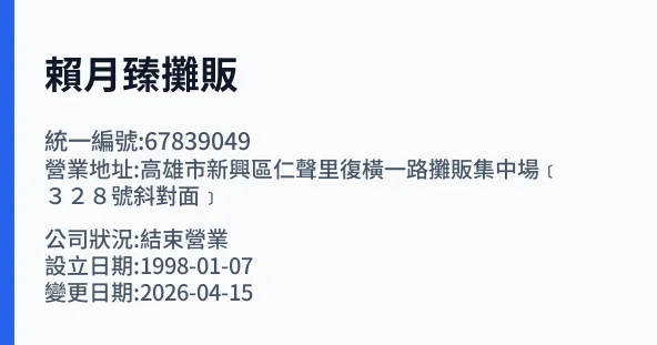 賴月臻攤販的照片-統編 67839049(高雄市) 公司登記資料與營業項目詳細圖表