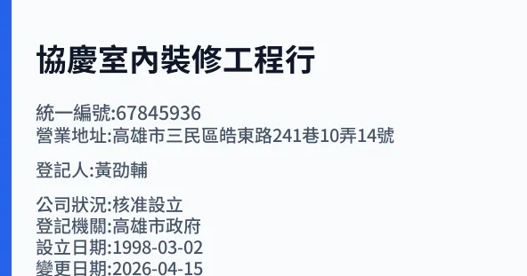 協慶室內裝修工程行的照片-統編 67845936(高雄市) 公司登記資料與營業項目詳細圖表
