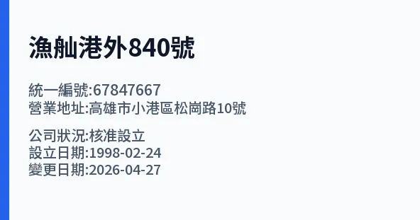漁舢港外840號的照片-統編 67847667(高雄市) 公司登記資料與營業項目詳細圖表