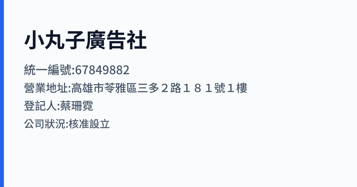 小丸子廣告社 - 統編 67849882(高雄市) 公司登記資料與營業項目詳細圖表