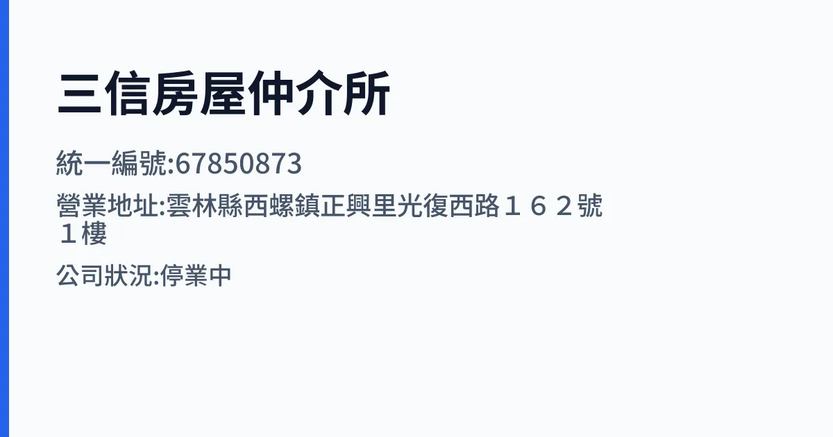 三信房屋仲介所 - 統編 67850873(雲林縣) 公司登記資料與營業項目詳細圖表