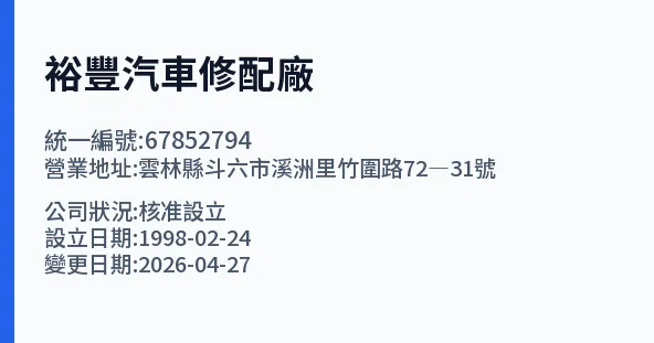 裕豐汽車修配廠的照片-統編 67852794(雲林縣) 公司登記資料與營業項目詳細圖表