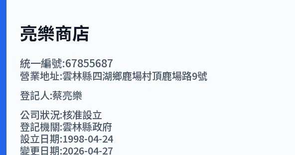 亮樂商店的照片-統編 67855687(雲林縣) 公司登記資料與營業項目詳細圖表
