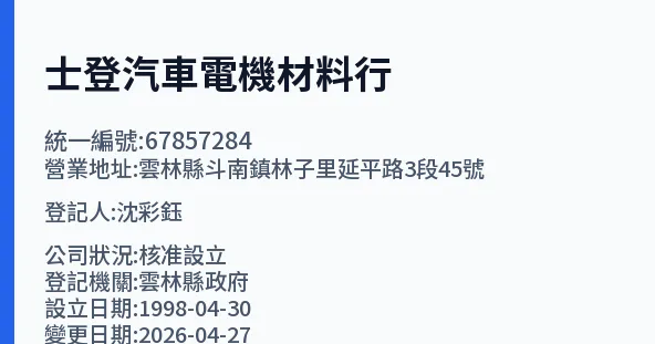 士登汽車電機材料行的照片-統編 67857284(雲林縣) 公司登記資料與營業項目詳細圖表