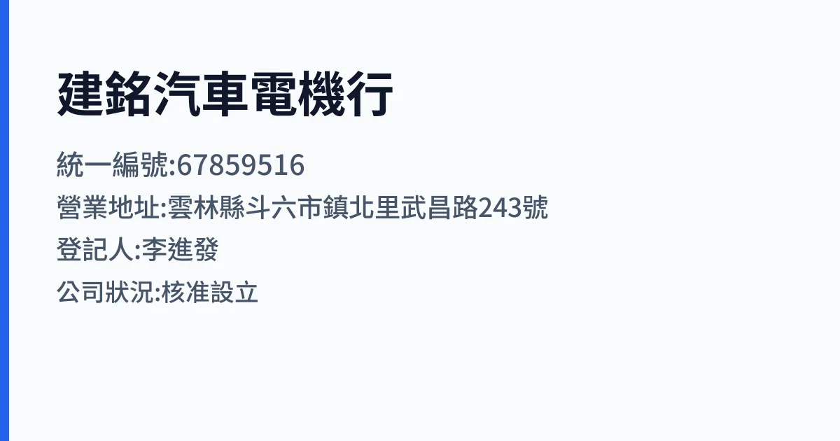 建銘汽車電機行 - 統編 67859516(雲林縣) 公司登記資料與營業項目詳細圖表