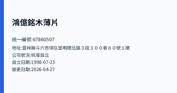 鴻億銘木薄片的照片-統編 67860507(雲林縣) 公司登記資料與營業項目詳細圖表