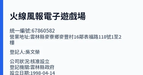 火線風報電子遊戲場的照片-統編 67860582(雲林縣) 公司登記資料與營業項目詳細圖表