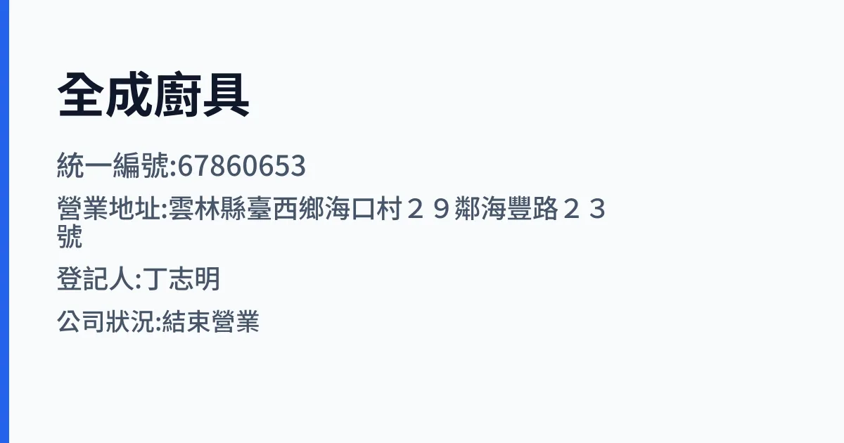 全成廚具 - 統編 67860653(雲林縣) 公司登記資料與營業項目詳細圖表