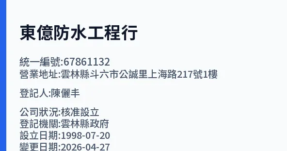 東億防水工程行的照片-統編 67861132(雲林縣) 公司登記資料與營業項目詳細圖表