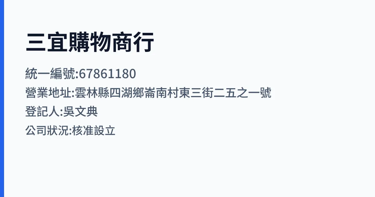 三宜購物商行 - 統編 67861180(雲林縣) 公司登記資料與營業項目詳細圖表