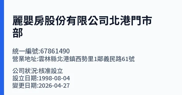 麗嬰房股份有限公司北港門市部的照片-統編 67861490(雲林縣) 公司登記資料與營業項目詳細圖表