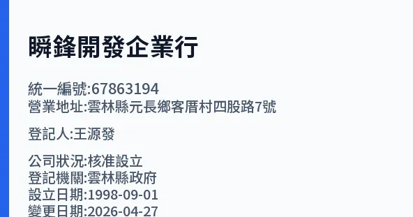 瞬鋒開發企業行的照片-統編 67863194(雲林縣) 公司登記資料與營業項目詳細圖表
