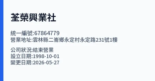 荃榮興業社的照片-統編 67864779(雲林縣) 公司登記資料與營業項目詳細圖表