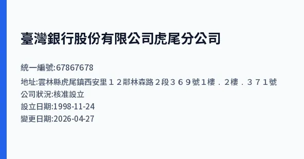 臺灣銀行股份有限公司虎尾分公司的照片-統編 67867678(雲林縣) 公司登記資料與營業項目詳細圖表