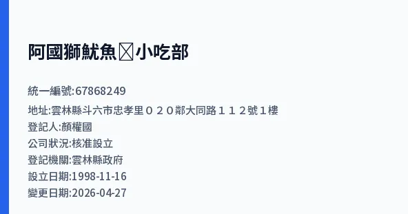 阿國獅魷魚焿小吃部的照片-統編 67868249(雲林縣) 公司登記資料與營業項目詳細圖表