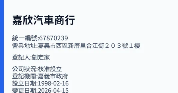 嘉欣汽車商行的照片-統編 67870239(嘉義市) 公司登記資料與營業項目詳細圖表