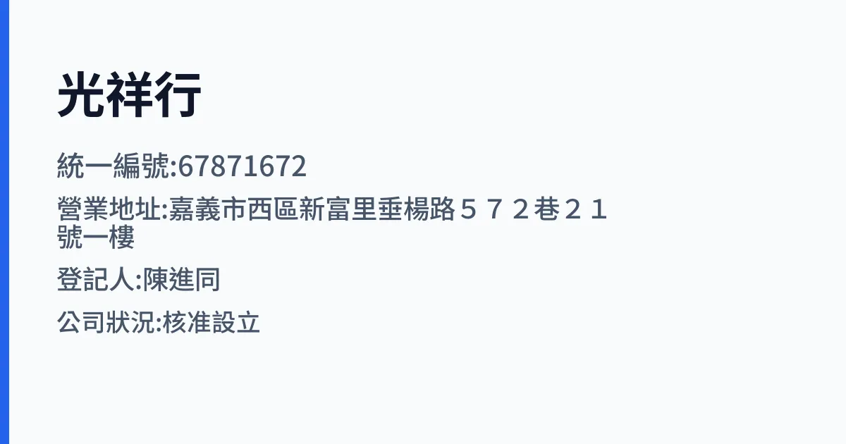 光祥行 - 統編 67871672(嘉義市) 公司登記資料與營業項目詳細圖表