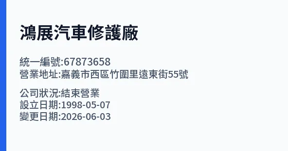 鴻展汽車修護廠的照片-統編 67873658(嘉義市) 公司登記資料與營業項目詳細圖表
