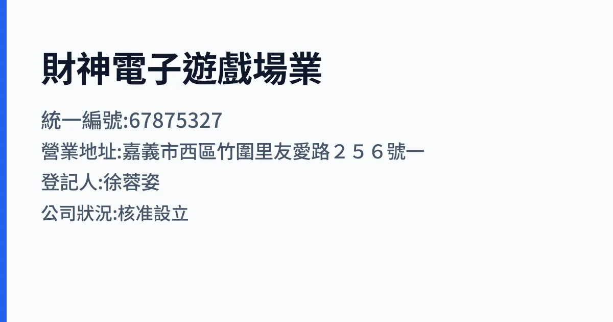 財神電子遊戲場業 - 統編 67875327(嘉義市) 公司登記資料與營業項目詳細圖表