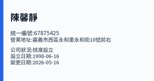 陳馨靜的照片-統編 67875425(嘉義市) 公司登記資料與營業項目詳細圖表