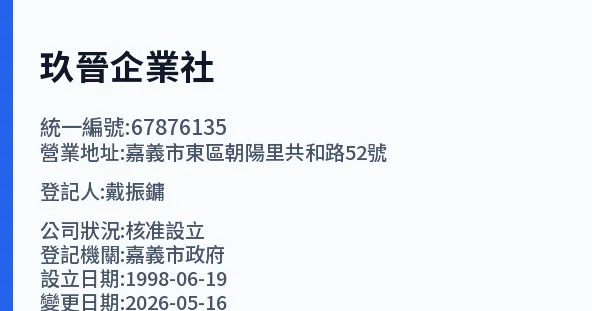 玖晉企業社的照片-統編 67876135(嘉義市) 公司登記資料與營業項目詳細圖表