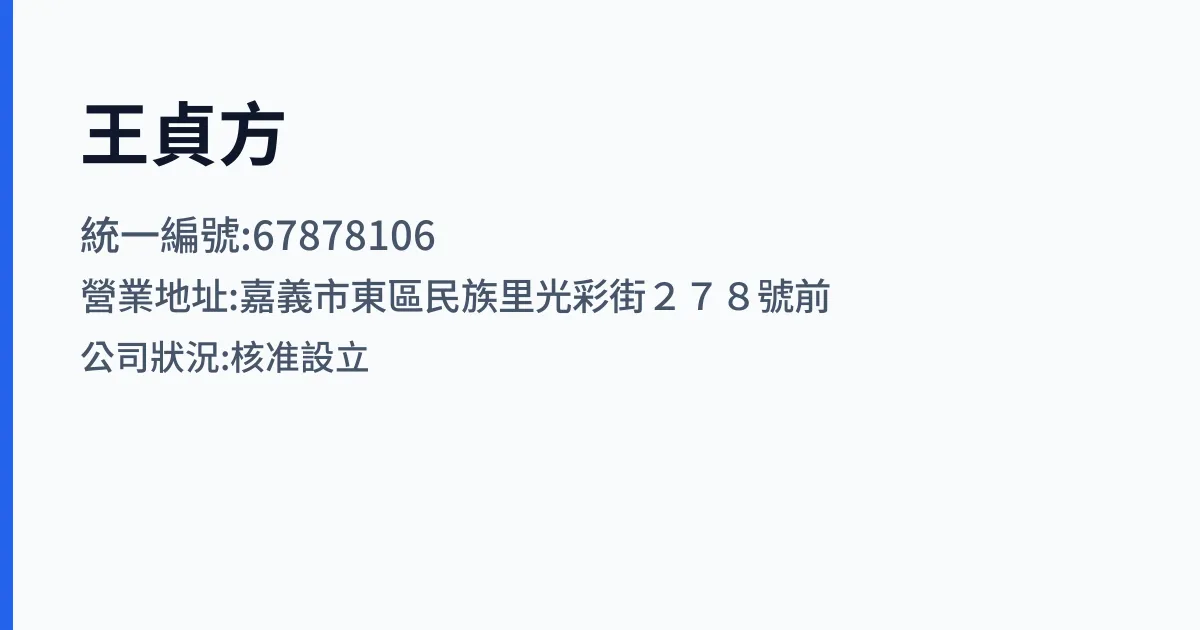 王貞方 - 統編 67878106(嘉義市) 公司登記資料與營業項目詳細圖表