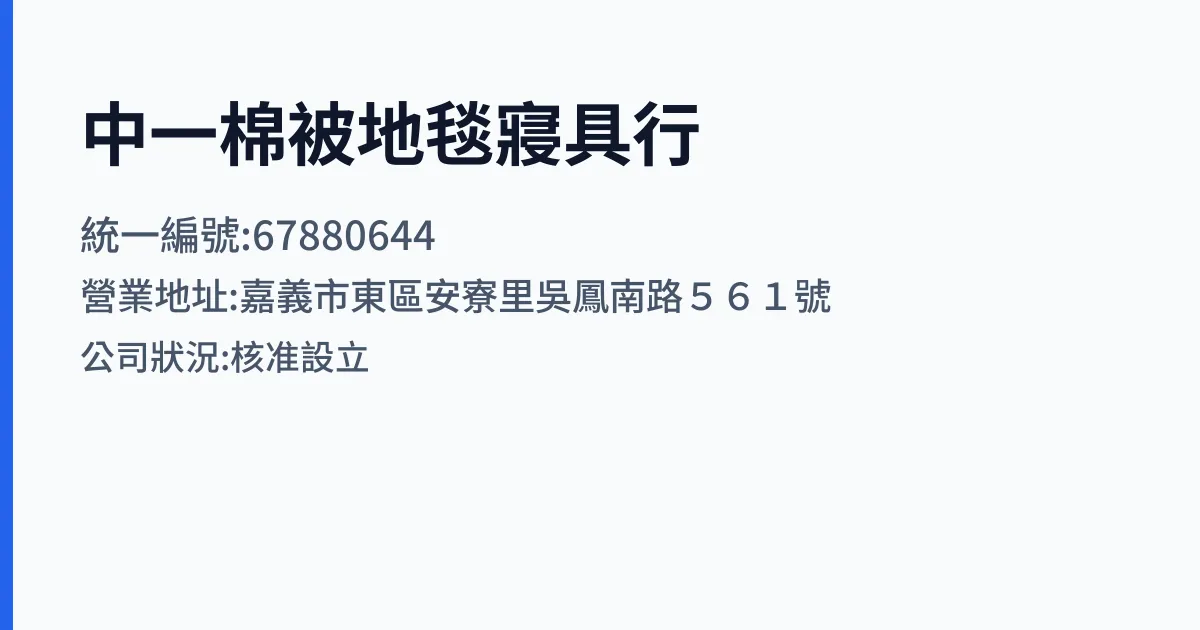 中一棉被地毯寢具行 - 統編 67880644(嘉義市) 公司登記資料與營業項目詳細圖表