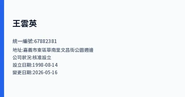 王雲英的照片-統編 67882381(嘉義市) 公司登記資料與營業項目詳細圖表
