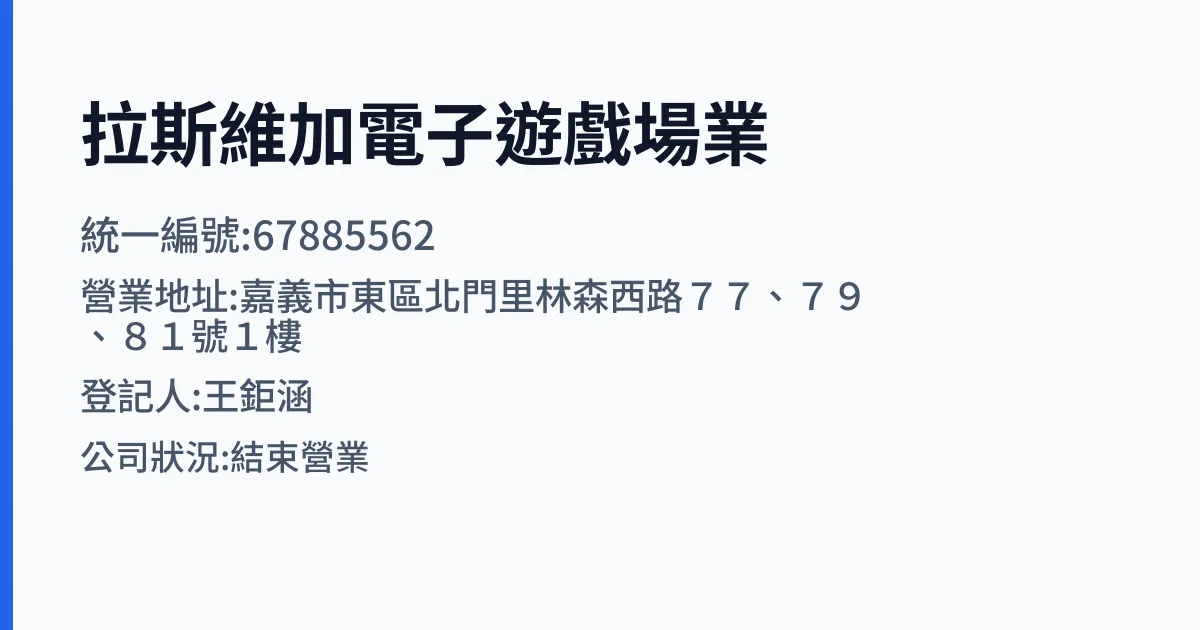 拉斯維加電子遊戲場業 - 統編 67885562(嘉義市) 公司登記資料與營業項目詳細圖表