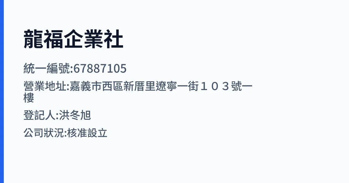 龍福企業社 - 統編 67887105(嘉義市) 公司登記資料與營業項目詳細圖表