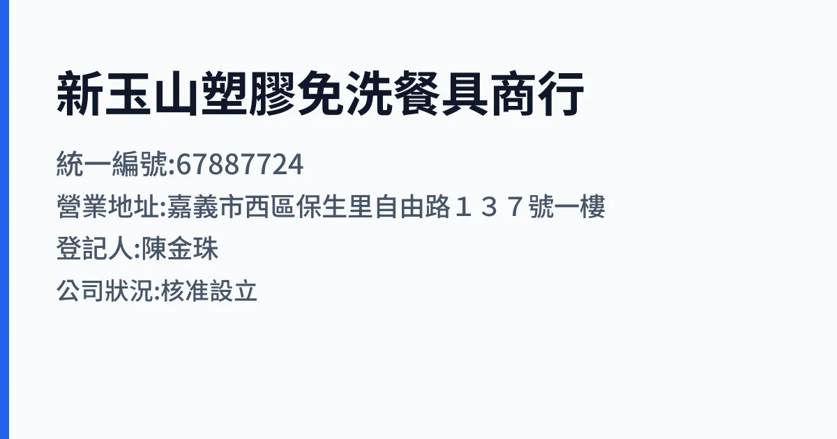 新玉山塑膠免洗餐具商行 - 統編 67887724（嘉義市） 公司登記資料與營業項目詳細圖表