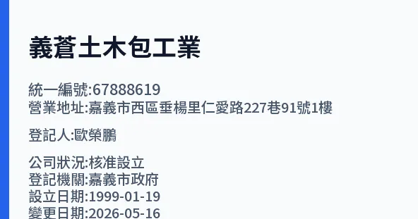 義蒼土木包工業的照片-統編 67888619(嘉義市) 公司登記資料與營業項目詳細圖表