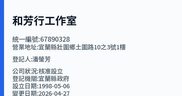 和芳行工作室的照片-統編 67890328(宜蘭縣) 公司登記資料與營業項目詳細圖表