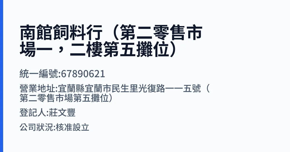 南館飼料行(第二零售市場一,二樓第五攤位) - 統編 67890621(宜蘭縣) 公司登記資料與營業項目詳細圖表