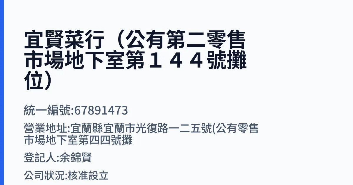 宜賢菜行(公有第二零售市場地下室第144號攤位) - 統編 67891473(宜蘭縣) 公司登記資料與營業項目詳細圖表